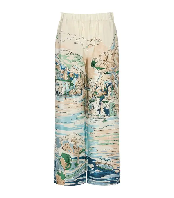 Max Mara Silk Lake Print Trousers - Turquoise