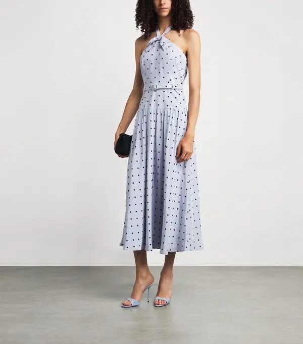 Alessandra Rich Silk Halterneck Midi Dress With Bow And Polka Dots