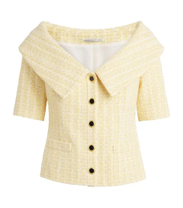Alessandra Rich Tweed Sequin Off-the-shoulder Top - Yellow