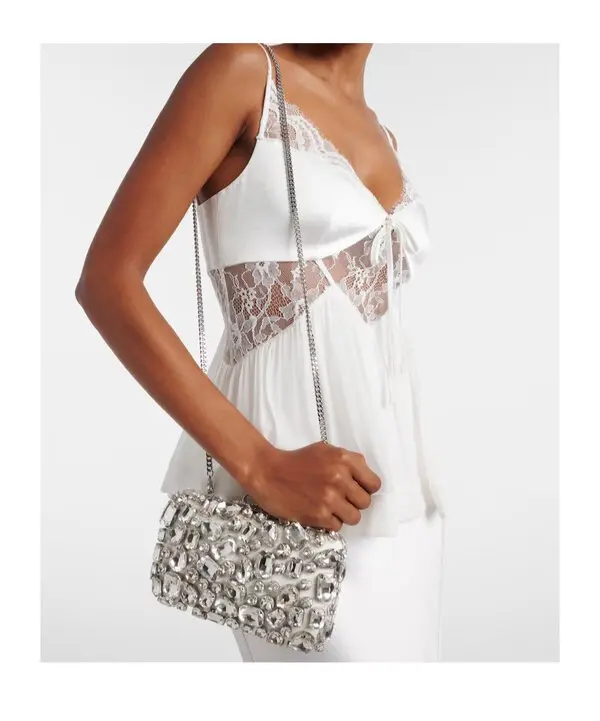 SELF-PORTRAIT Crystal-embellished Satin Clutch With Chain Strap