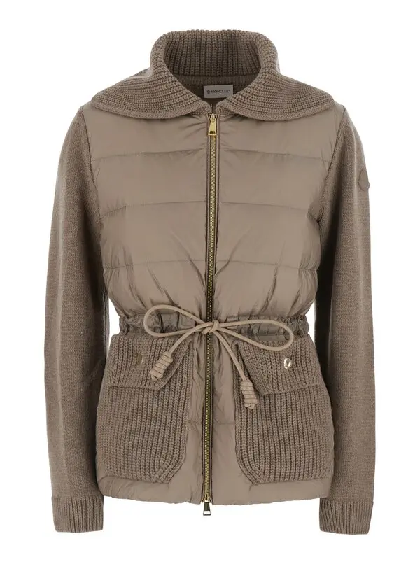 Moncler Beige Cardigan With Patch Logo On The Sleeve And Belt On The Front In Tech Fabric And Cotton For - Multicolor
