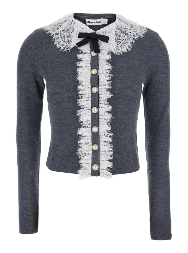 SELF-PORTRAIT Wool Cardigan With Lace Collar - Multicolor