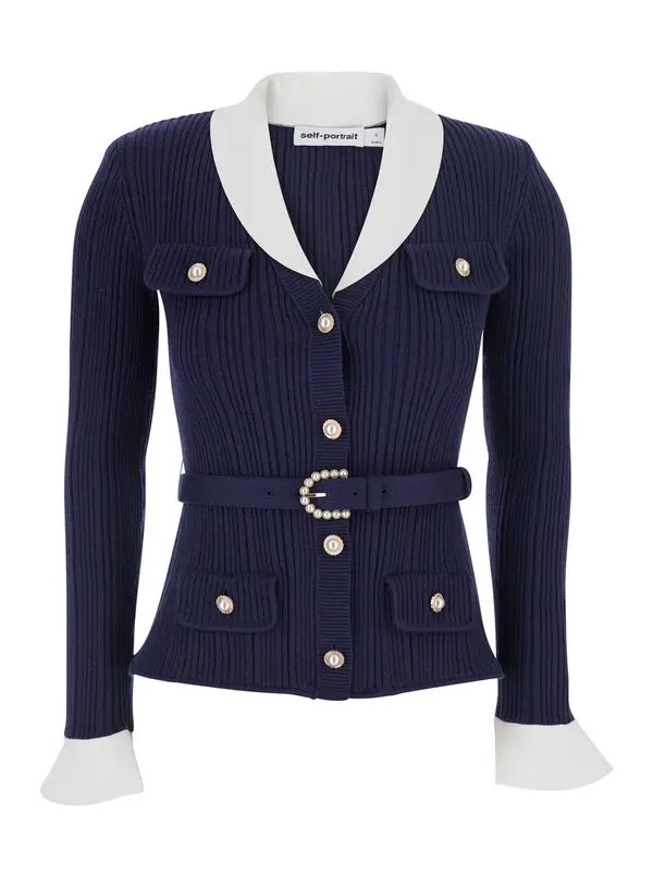 SELF-PORTRAIT Ribbed Cardigan With Belt And V-neck - Multicolor