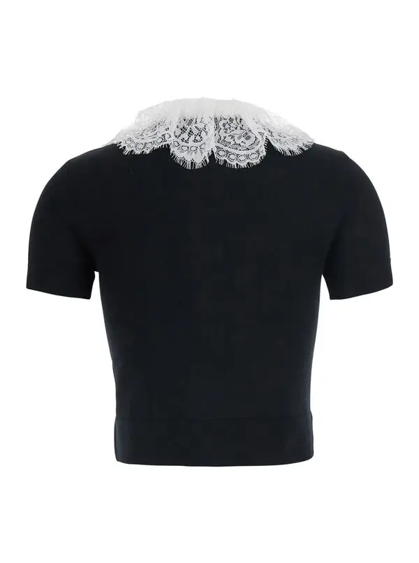 SELF-PORTRAIT Cropped Wool Knit Top With Lace Collar - Multicolor