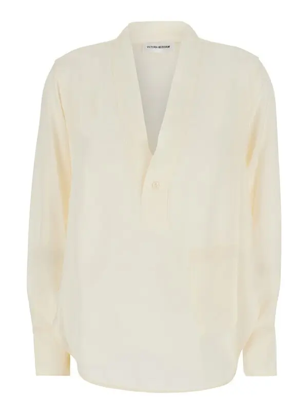 Victoria Beckham White Blouse With V-neck And Long Sleeves In Silk For - Multicolor