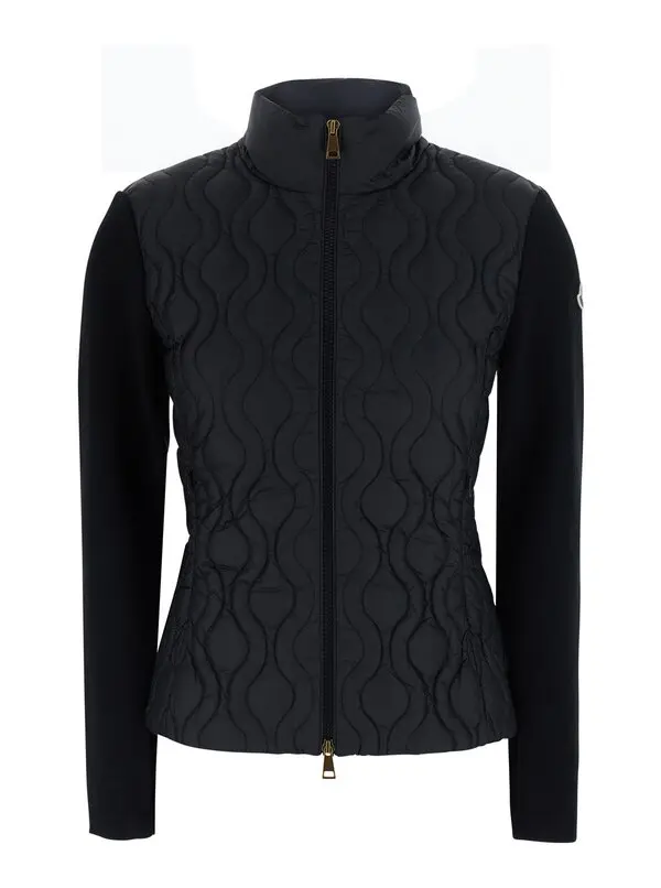 Moncler Black Cardigan With Padded Design On The Front And Logo Patch On The Sleeve In Tech Fabric And Cotton For - Multicolor