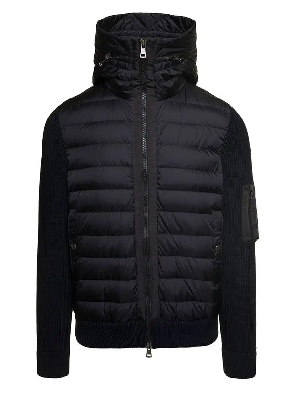 Moncler Cardigan Con Cappucico E Patch Logo Sulla Manica In Tessuto Tecnico E Lana Nero Uomo - Multicolor