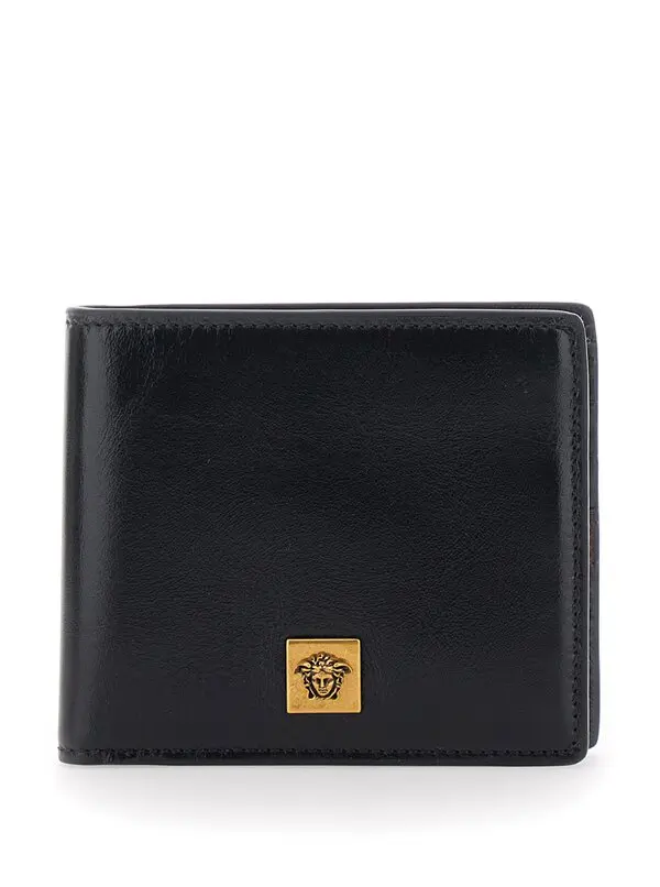 Versace Black Bi-fold Wallet With Logo On The Front In Leather For - Multicolor