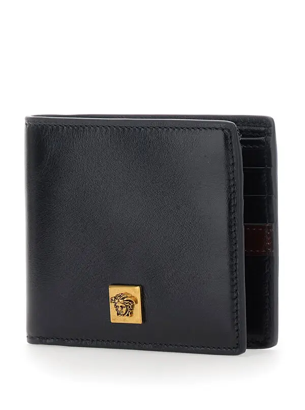 Versace Black Bi-fold Wallet With Logo On The Front In Leather For - Multicolor