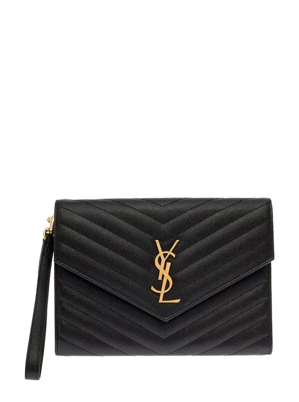 Saint Laurent Black Grain De Poudre Leather Handbag With Metal Logo And Gold-colored Hardware - Multicolor