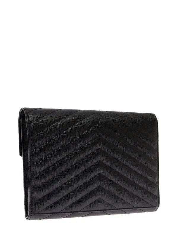 Saint Laurent Black Grain De Poudre Leather Handbag With Metal Logo And Gold-colored Hardware - Multicolor