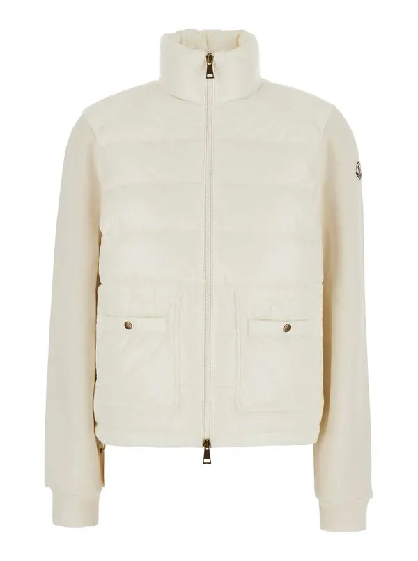 Moncler White High-neck Cardigan With Logo Patch On The Sleeve And Padded And Quilted Design On The Front In Tech Fabric And Cotton For - Multicolor