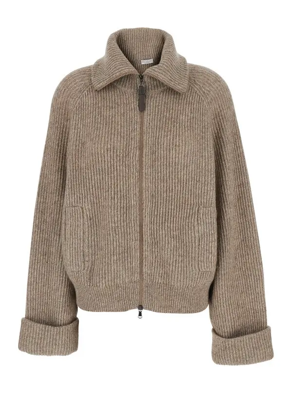 Brunello Cucinelli Beige Cardigan With Turn-down Collar And Monil On Zipper In Cashmere Blend For - Multicolor