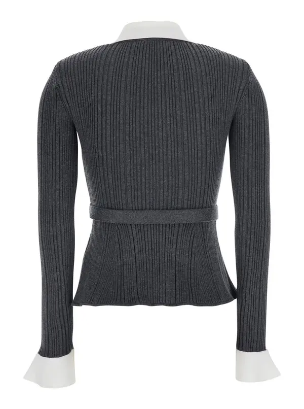 SELF-PORTRAIT Ribbed Knit Cardigan With Belt - Multicolor
