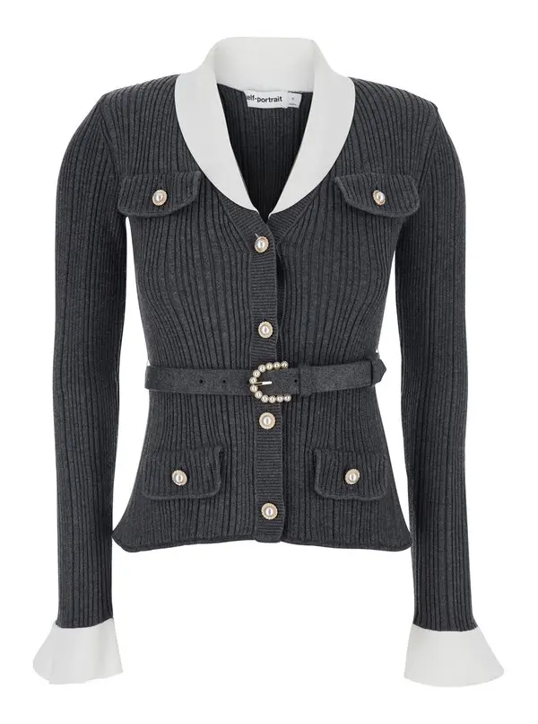 SELF-PORTRAIT Ribbed Knit Cardigan With Belt - Multicolor