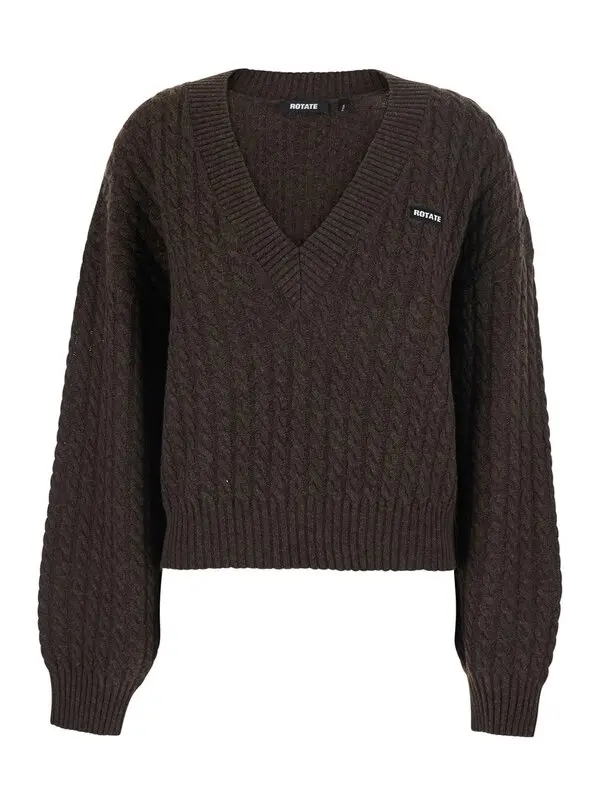 ROTATE BY BIRGER CHRISTENSEN Brown Wool And Cashmere V-neck Cable Knit Sweater - Multicolor