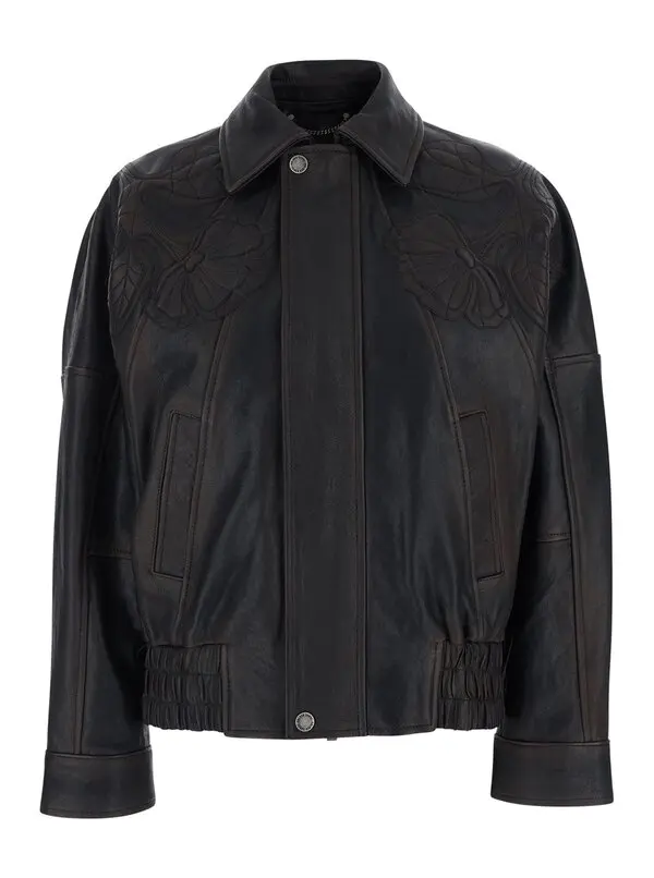 GOLDEN GOOSE Leather Jacket With Floral Embroidery - Multicolor