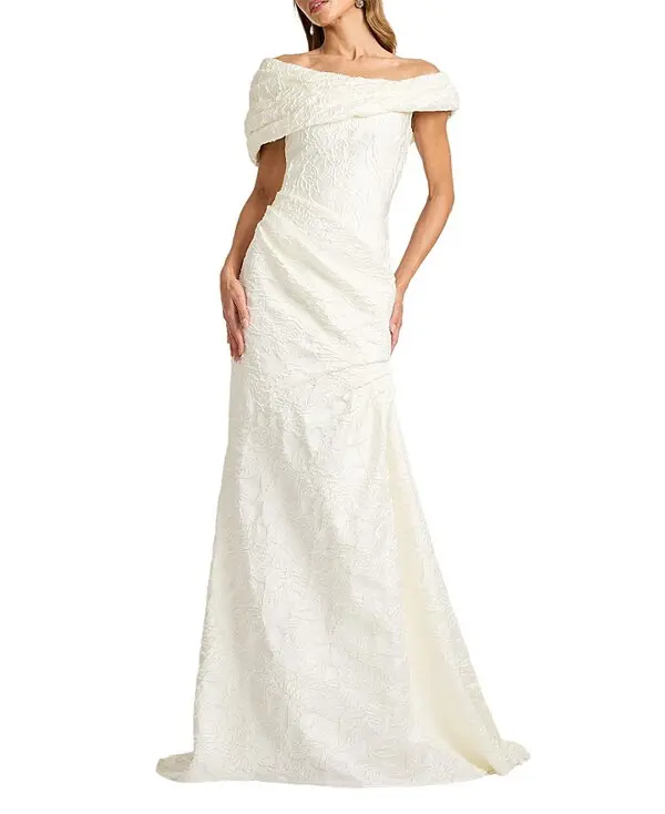 Tadashi Shoji Mita Draped Floral Jacquard Gown - White