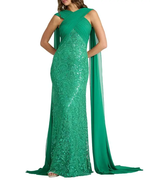 Tadashi Shoji Sequin Embroidered Cape Gown