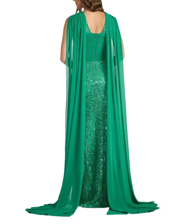 Tadashi Shoji Sequin Embroidered Cape Gown