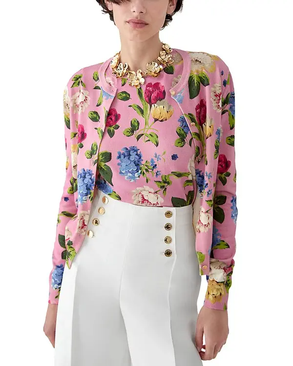 Carolina Herrera Printed Long Sleeve Crewneck Cardigan - Rosewater Multi