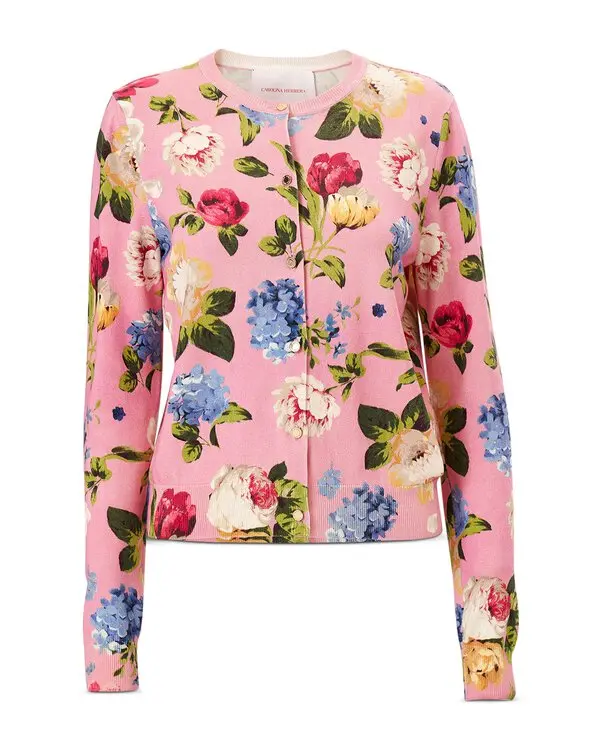 Carolina Herrera Printed Long Sleeve Crewneck Cardigan