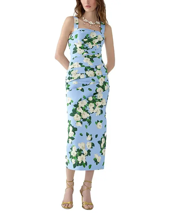 Carolina Herrera Printed Thick Strap Draped Midi Dress - Cloudy Blue Multi