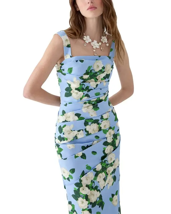 Carolina Herrera Printed Thick Strap Draped Midi Dress