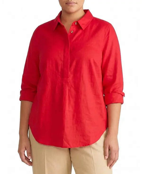 Universal Standard Plus Elbe Popover Stretch Linen Shirt - Brilliant Red