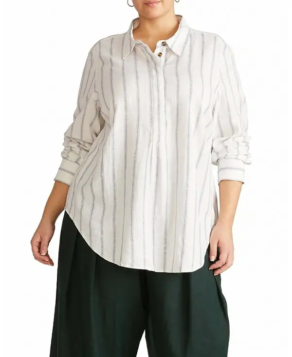 Universal Standard Elbe Popover Stretch Linen Shirt - Mayfair Stripe