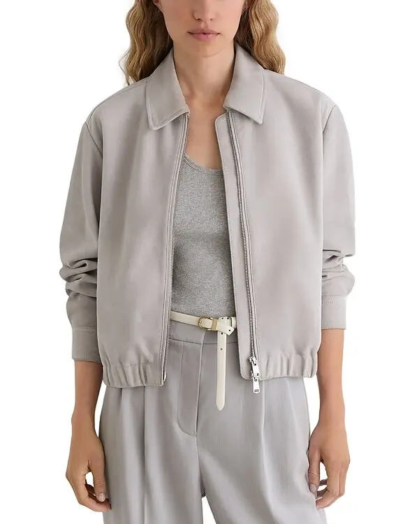REISS Lottie Suede Bomber Jacket - Light Grey