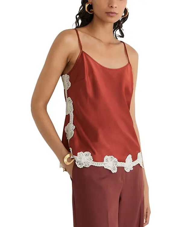 REISS Doa Floral Lace Trim Satin Cami - Rust Orange