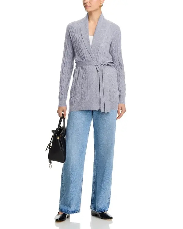 Bloomingdale'S Tie Waist Cable Cardigan - Medium Grey