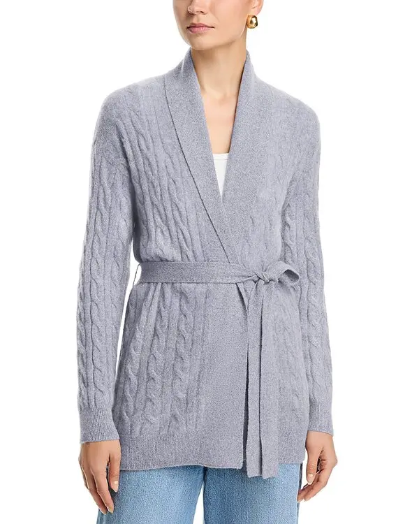 Bloomingdale'S Tie Waist Cable Cardigan - Medium Grey