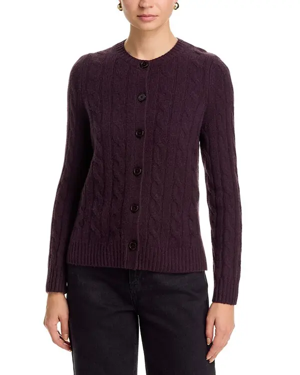 Bloomingdale'S 100% Cashmere Crewneck Cable Knit Cardigan Sweater Exclusive - Dark Brown