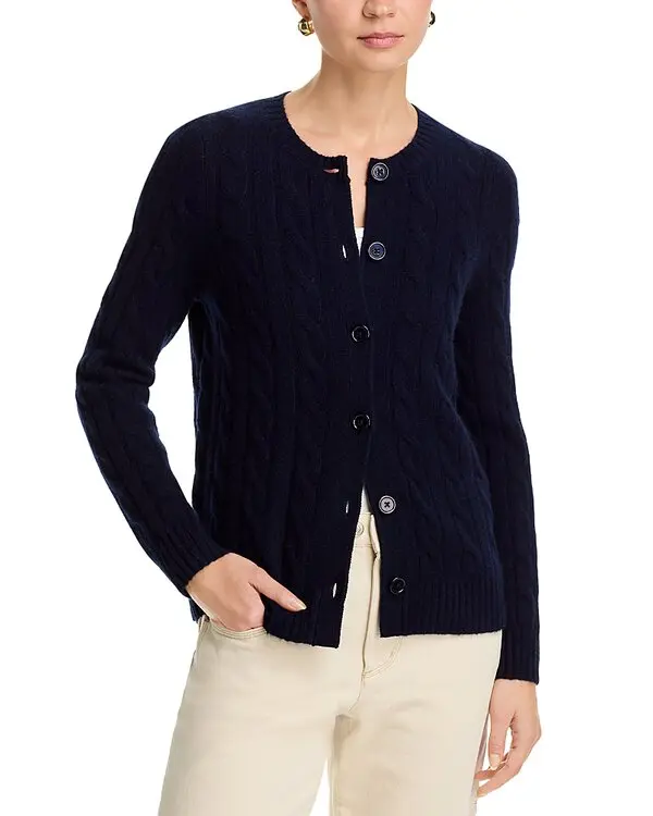 Bloomingdale'S 100% Cashmere Crewneck Cable Knit Cardigan Sweater Exclusive - Navy