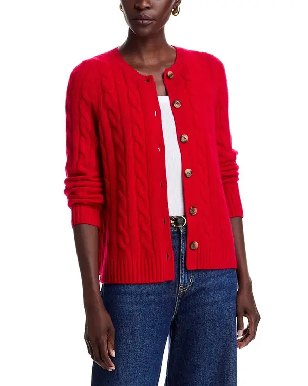 Bloomingdale'S Crewneck Cable Knit Cardigan Sweater - Scarlet