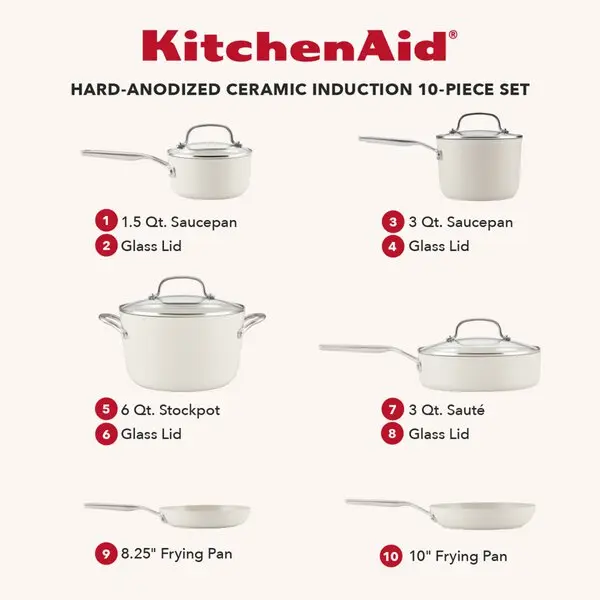 KITCHENAID 10 Piece Hard Anodized Ceramic Induction Cookware Set - White