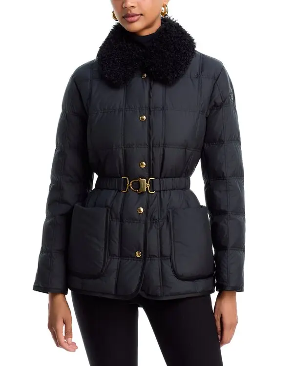 Moncler Cygnes Quilted Down Jacket With Textured Collar And Belted Waist