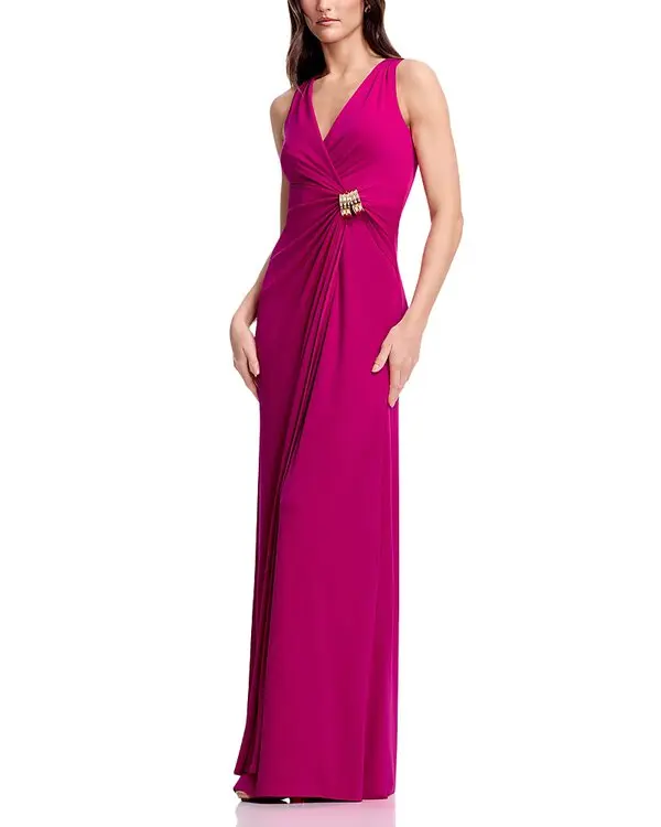 Dress The Population Deb Deep V Pleated Wrap A Line Maxi Dress - Dark Fuchsia