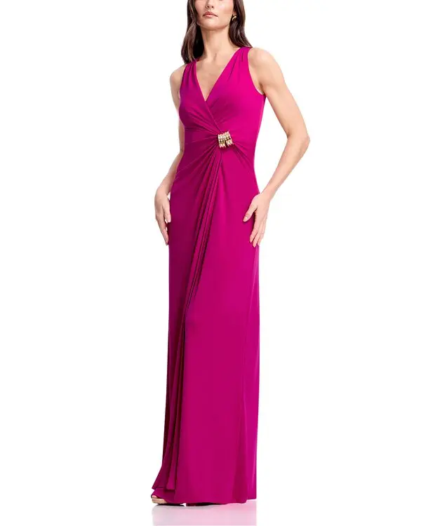 Dress The Population Deb Deep V Pleated Wrap A-line Maxi Dress
