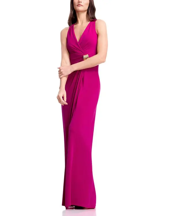 Dress The Population Deb Deep V Pleated Wrap A-line Maxi Dress