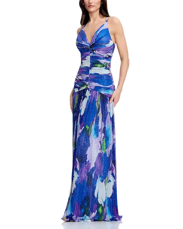 Dress The Population Sleeveless Deep V Neck Ruched A-line Gown - Electric Blue Multi