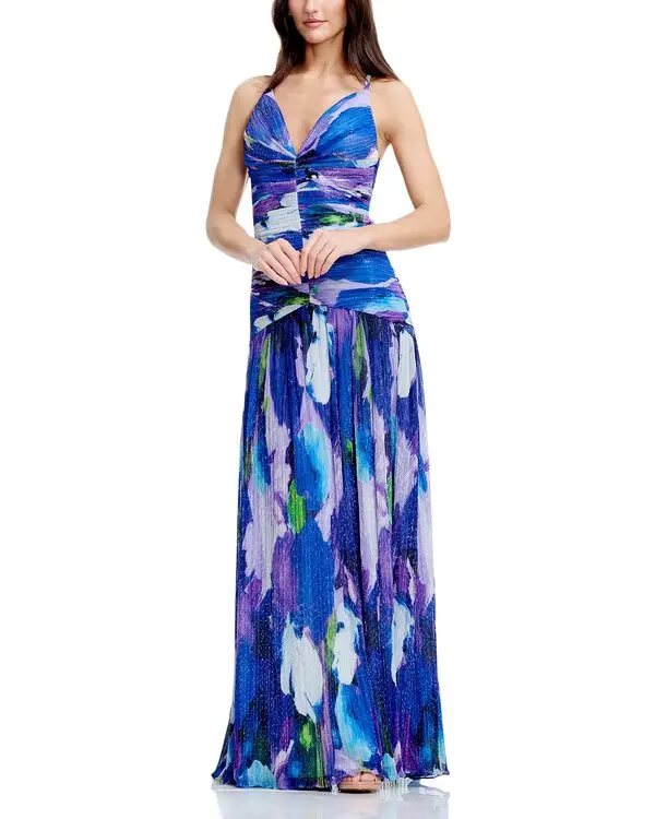 Dress The Population Sleeveless Deep V Neck Ruched A-line Gown - Electric Blue Multi