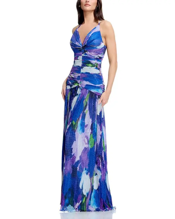 Dress The Population Sleeveless Deep V Neck Ruched A-line Gown - Electric Blue Multi