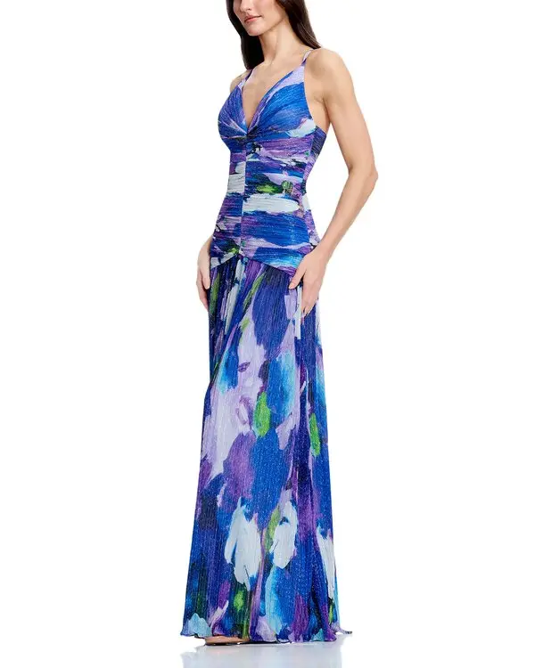 Dress The Population Sleeveless Deep V Neck Ruched A-line Gown - Electric Blue Multi