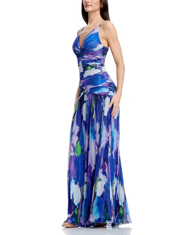 Dress The Population Sleeveless Deep V Neck Ruched A-line Gown - Electric Blue Multi