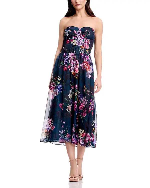 Dress The Population Strapless Sweetheart Fit & Flare Dress With Floral Print And Belted Waist
