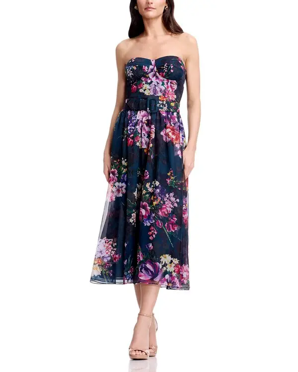 Dress The Population Strapless Sweetheart Fit & Flare Dress With Floral Print And Belted Waist