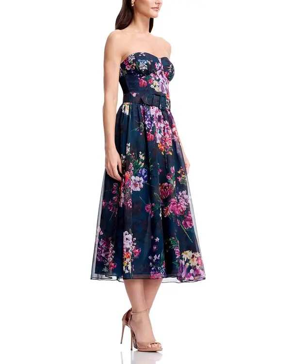 Dress The Population Strapless Sweetheart Fit & Flare Dress With Floral Print And Belted Waist